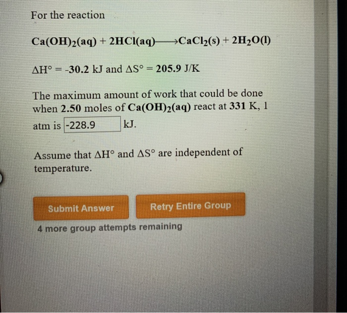 Solved For the reaction Ca(OH)2(aq) + 2HCl(aq) +CaCl2(s) + | Chegg.com