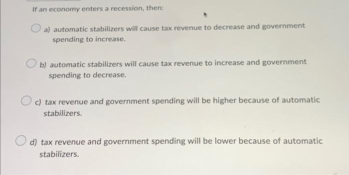 Solved If an economy enters a recession, then: a) automatic | Chegg.com