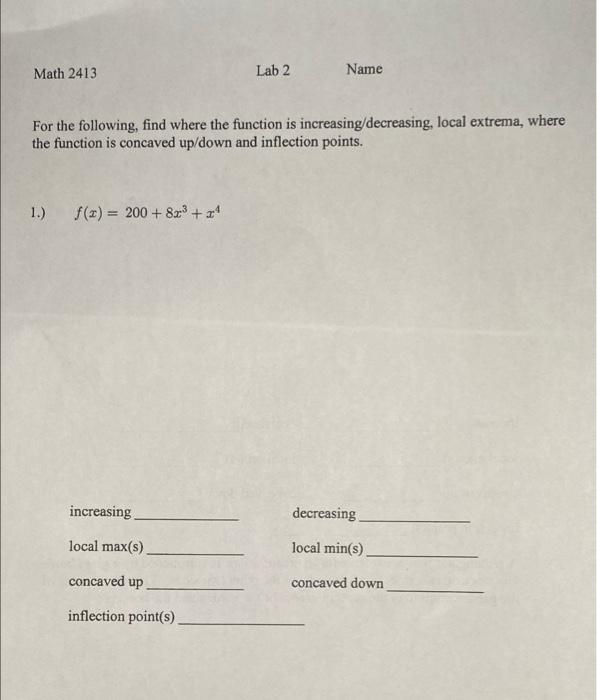 Solved Math 2413 Lab 2 Name For the following, find where | Chegg.com
