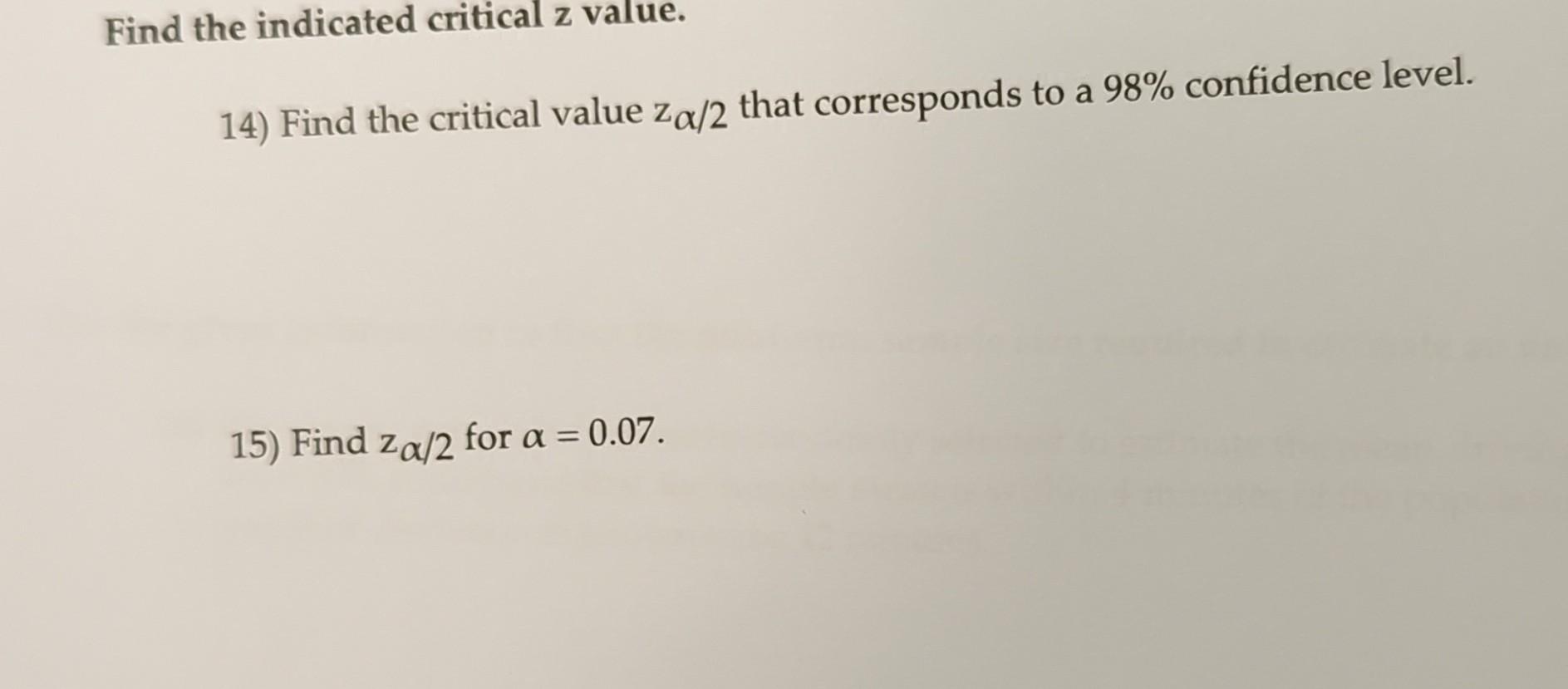 Solved 14) Find the critical value zα/2 that corresponds to | Chegg.com