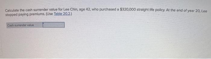 Solved Calculate the cash surrender value for Lee Chin, age | Chegg.com