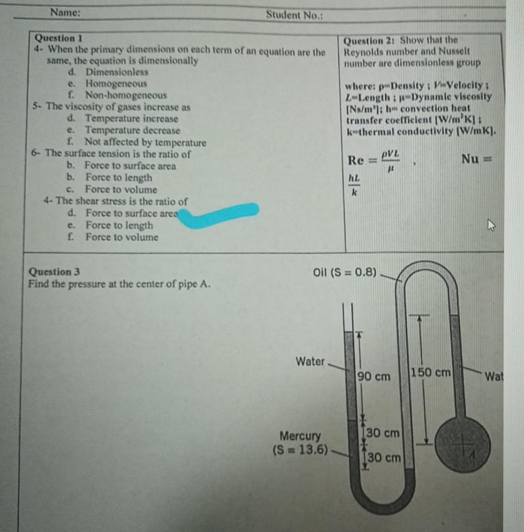 Solved Question 3 Find the pressure at the center of pipe | Chegg.com