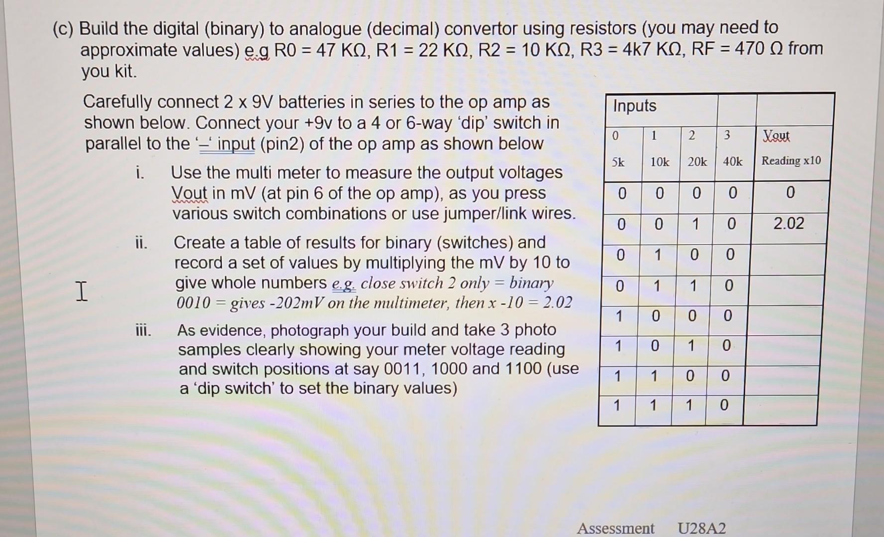 (c) Build the digital (binary) to analogue (decimal) | Chegg.com