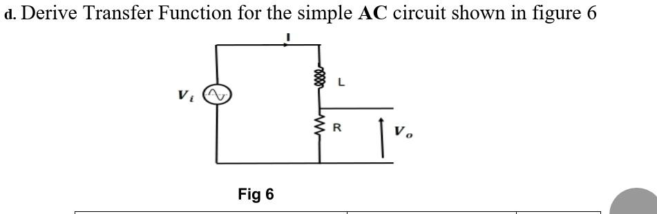 Solved d. Derive Transfer Function for the simple AC circuit | Chegg.com