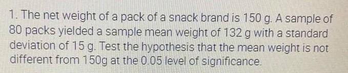 Solved 1. The net weight of a pack of a snack brand is 150 | Chegg.com