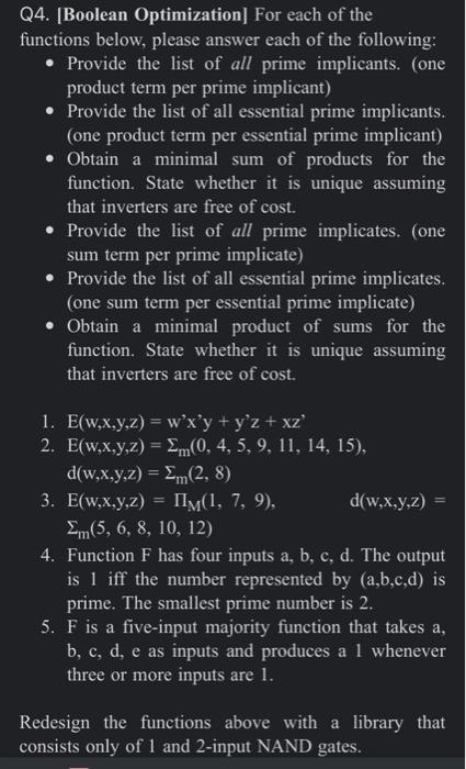 Solved Q4. [Boolean Optimization] For each of the functions | Chegg.com