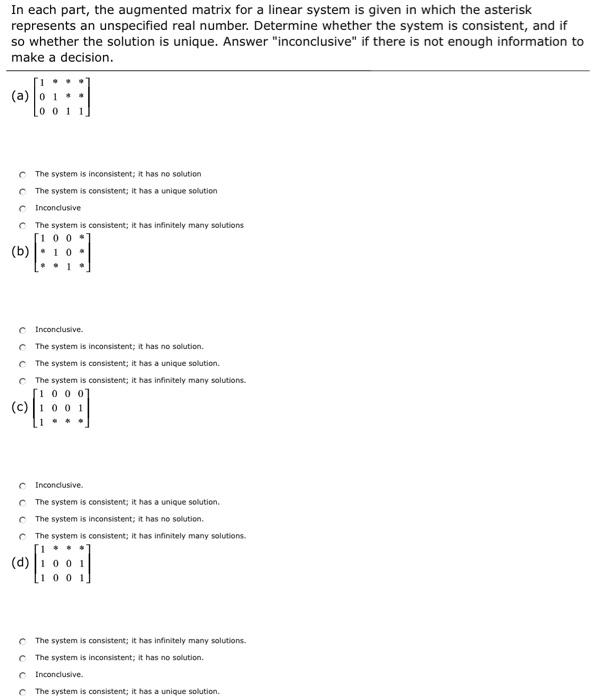 Solved In each part, the augmented matrix for a linear | Chegg.com