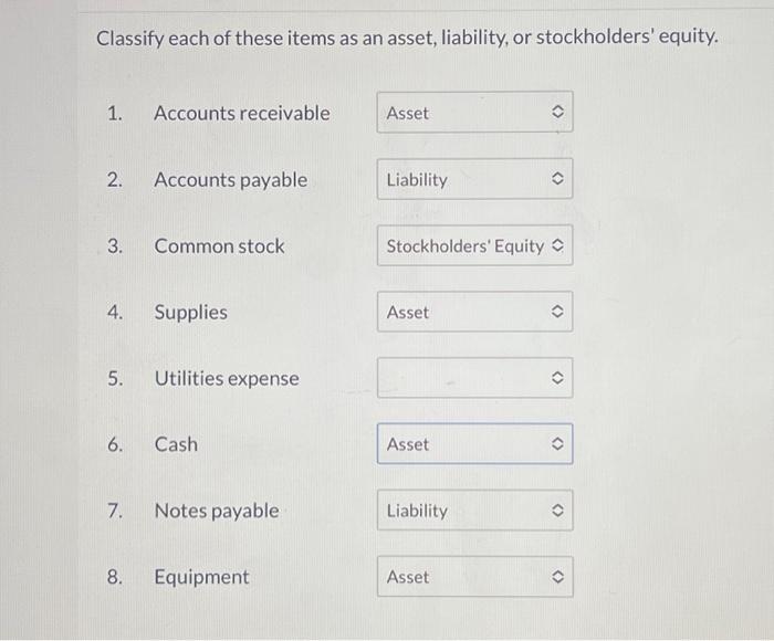 Solved Classify each of these items as an asset, liability, | Chegg.com