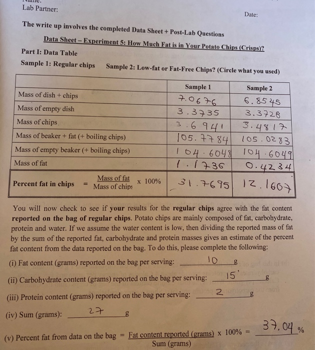 Solved A bag of regular potato chips containts 28 g of | Chegg.com