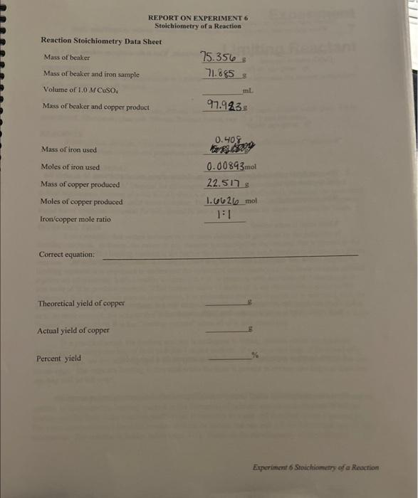 Solved REPORT ON EXPERIMENT 6 Stoichiometry of a Reaction | Chegg.com