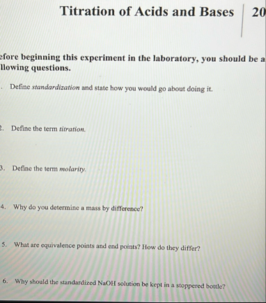 Solved Titration of Acids and Bases20fore beginning this | Chegg.com