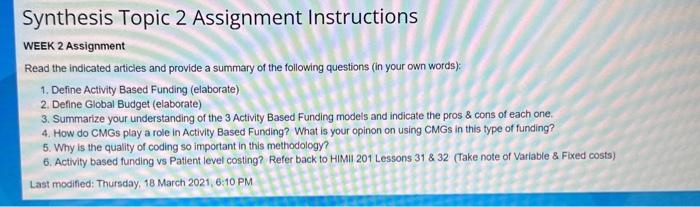 Synthesis Topic 2 Assignment Instructions WEEK 2 | Chegg.com