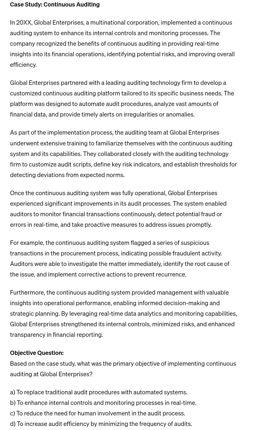 Solved Case Study: Continuous AuditingIn 20XX, ﻿Global | Chegg.com