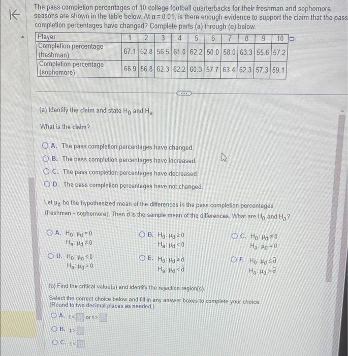 Solved The pass completion percentages of 10 college | Chegg.com