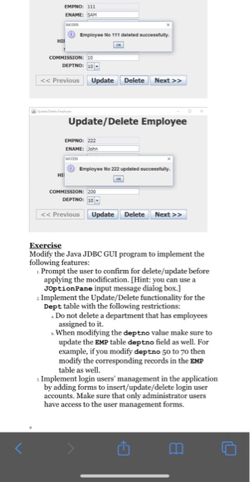 Modify the Java JDBC GUI program to implement the | Chegg.com