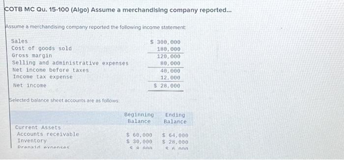 Solved COTB MC Qu. 15-100 (Algo) Assume a merchandlsing | Chegg.com