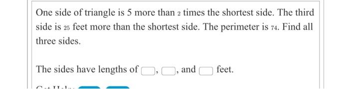 Solved One side of triangle is 5 more than 2 times the | Chegg.com