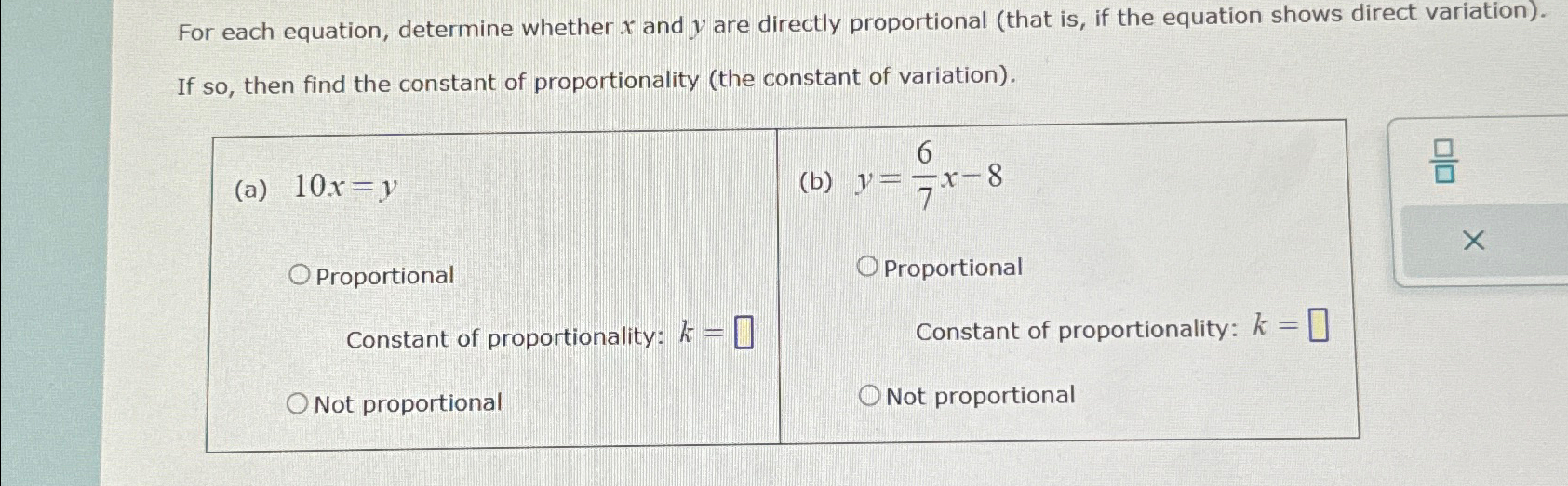 Solved For each equation, determine whether x ﻿and y ﻿are | Chegg.com