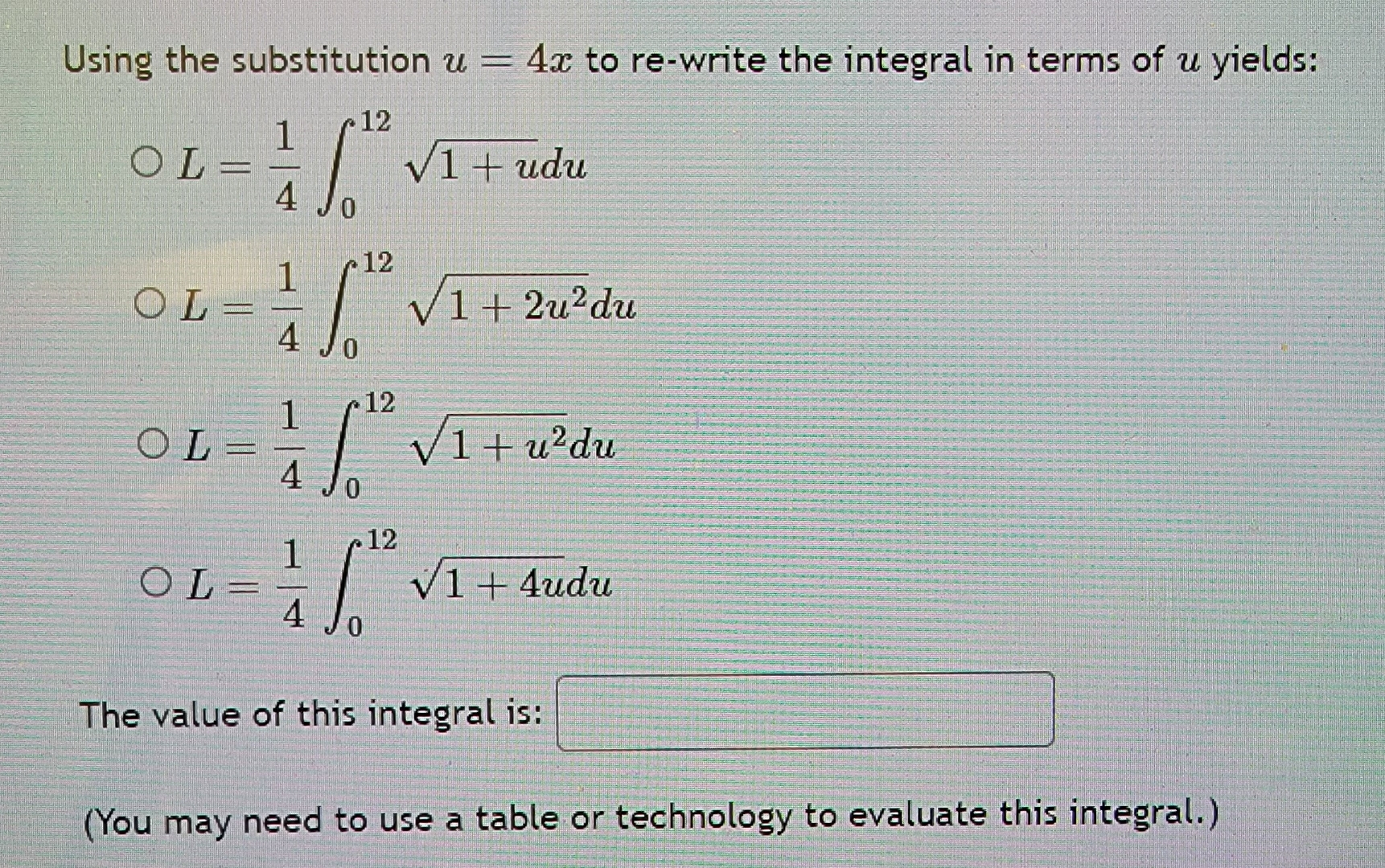 Using the substitution u=4x ﻿to re-write the integral | Chegg.com