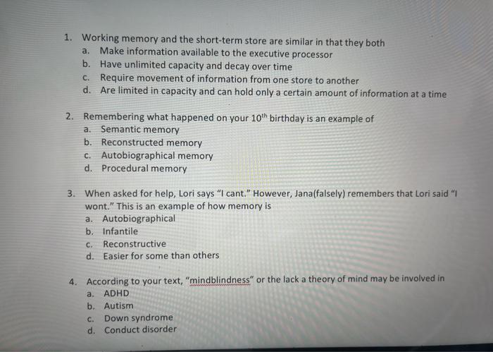 Solved 1. Working memory and the short-term store are | Chegg.com