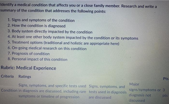 Solved Identify a medical condition that affects you or a | Chegg.com