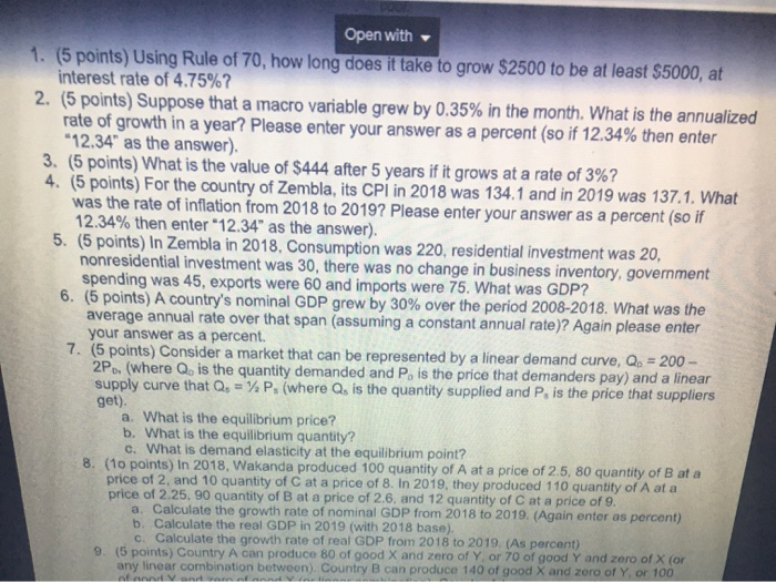 Solved Open with 1. (5 points) Using Rule of 70, how long | Chegg.com