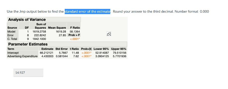 Solved Use the Jmp output below to find the standard error | Chegg.com