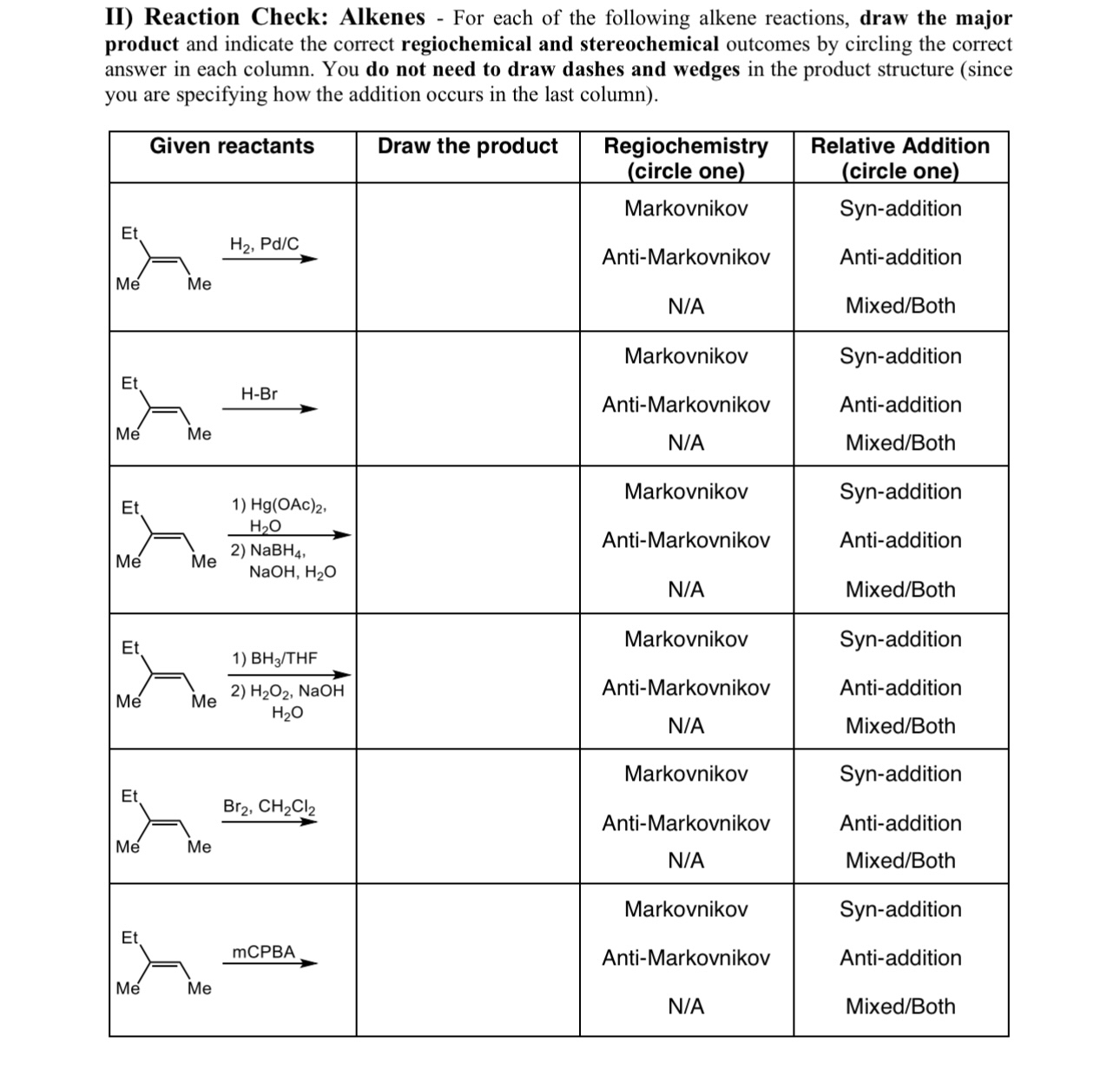 Solved II) ﻿Reaction Check: Alkenes - ﻿For each of the | Chegg.com