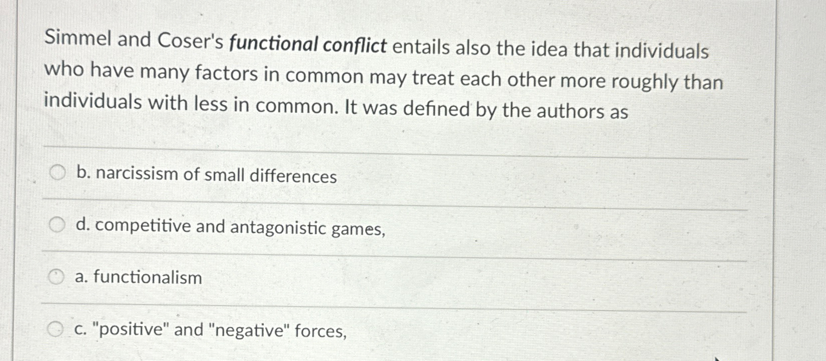 Solved Simmel and Coser's functional conflict entails also | Chegg.com
