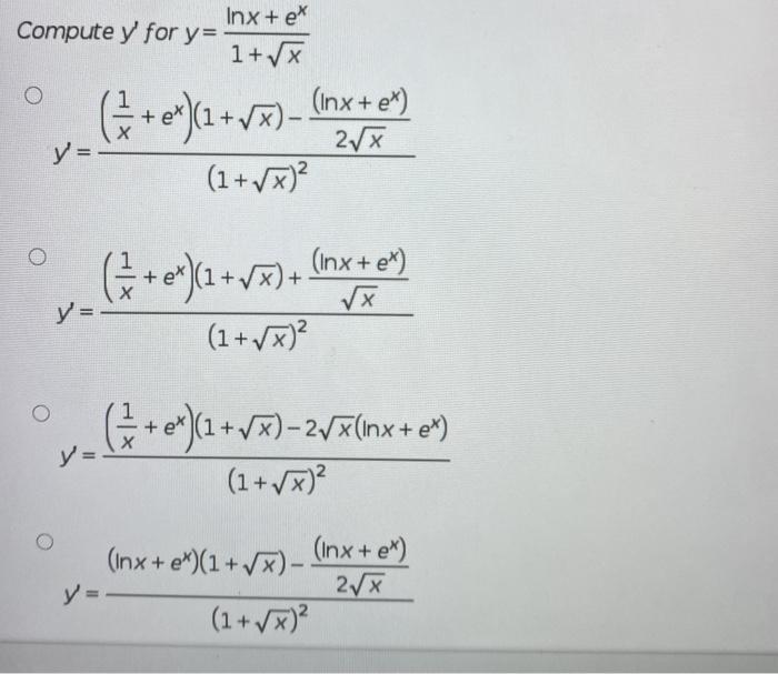 Solved Inx + e* Compute y for y= 1+vx (Inx + e*) 2/x (1+x)? | Chegg.com