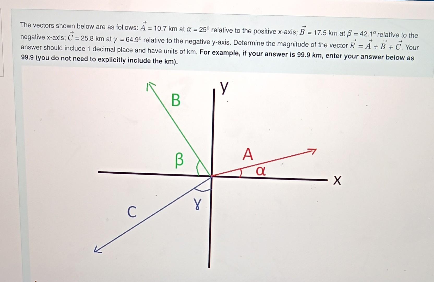 Solved The vectors shown below are as follows: A=10.7 km at | Chegg.com