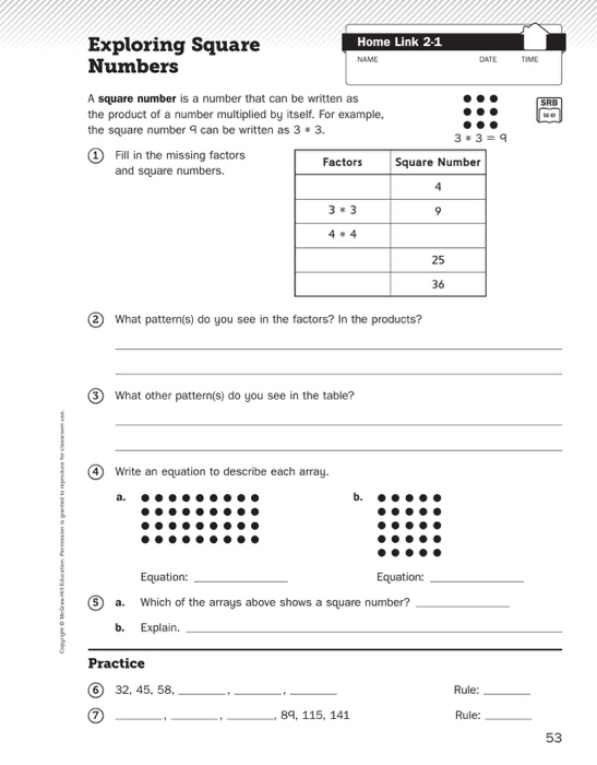 Solved Home Link 2-1 Exploring Square Numbers NAME DATETIME | Chegg.com