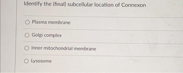 Solved Identify the (final) subcellular location of Connexon | Chegg.com