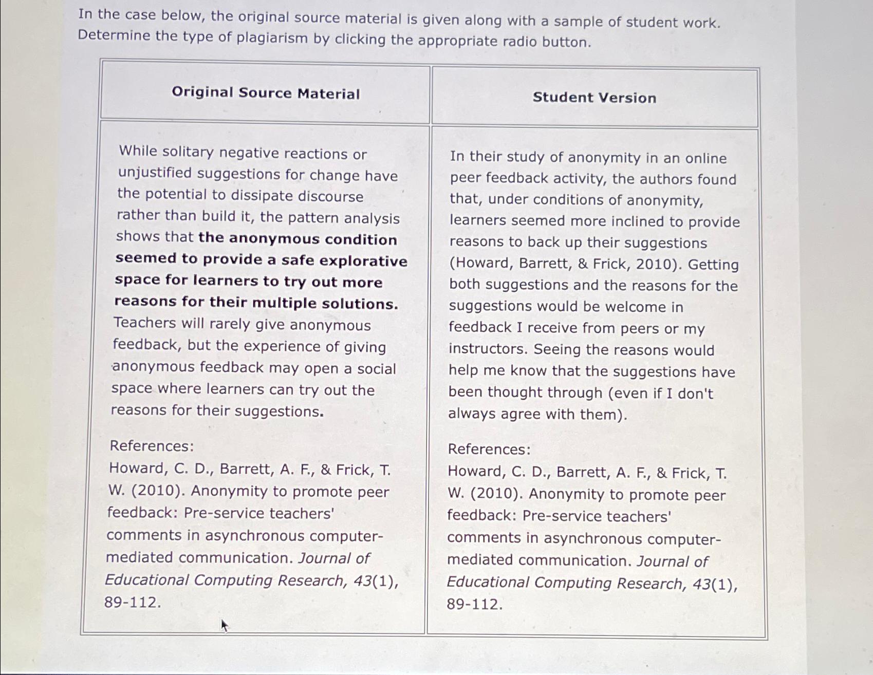 Solved In the case below, the original source material is | Chegg.com
