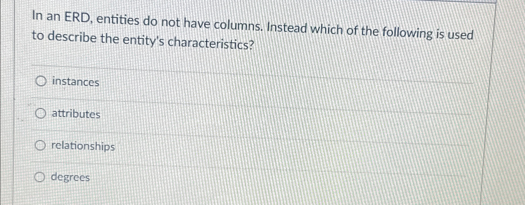 Solved In an ERD, entities do not have columns. Instead | Chegg.com