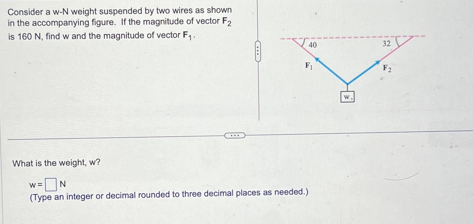 Solved Consider a w-N weight suspended by two wires as shown | Chegg.com