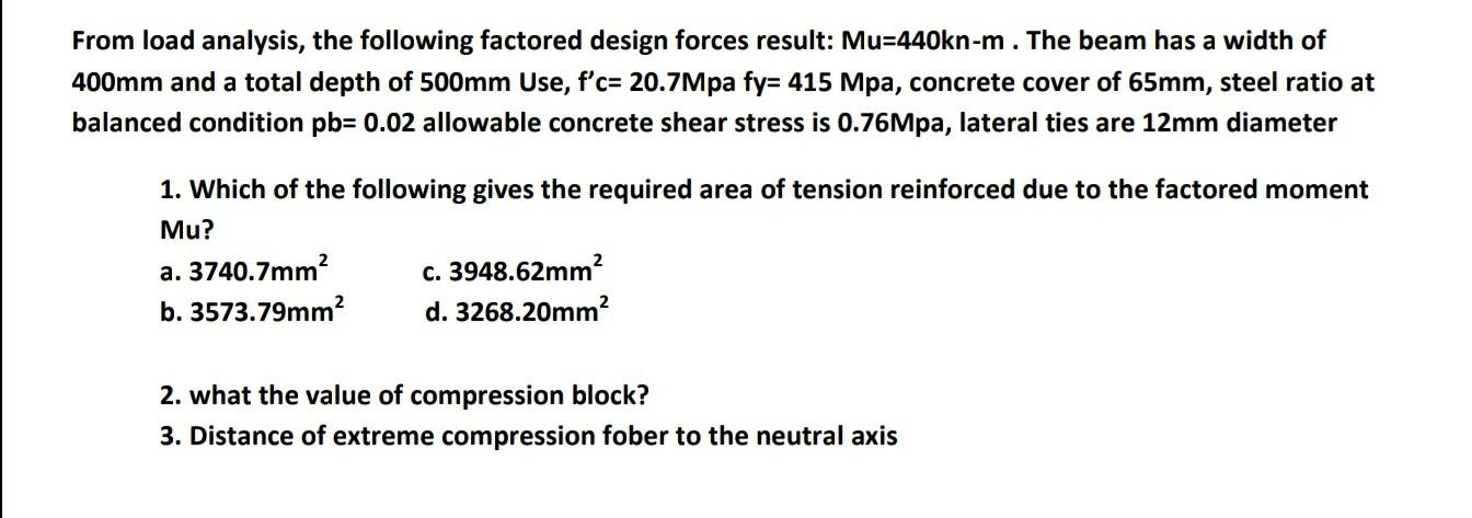 Solved From load analysis, the following factored design | Chegg.com
