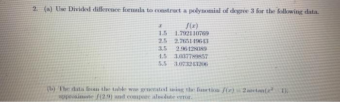 Solved 2. (a) Use Divided difference formula to construct a | Chegg.com
