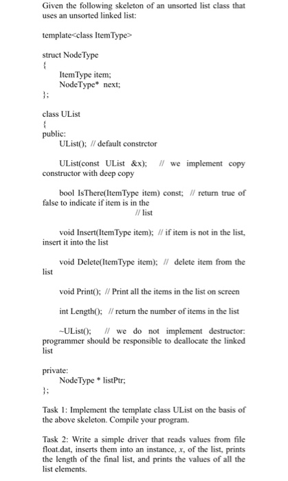 Solved Given the following skeleton of an unsorted list | Chegg.com
