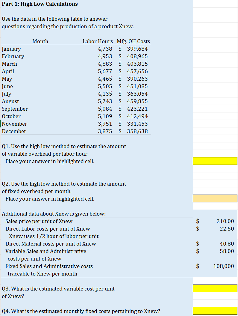 Solved Part 1: High Low CalculationsUse the data in the | Chegg.com