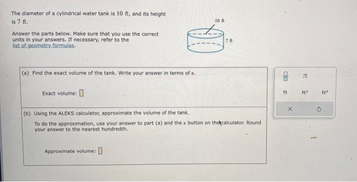Solved The diameter of a cylindrical water tank is 10ft, and | Chegg.com