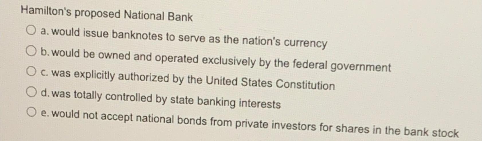 Solved Hamilton's proposed National Banka. ﻿would issue | Chegg.com