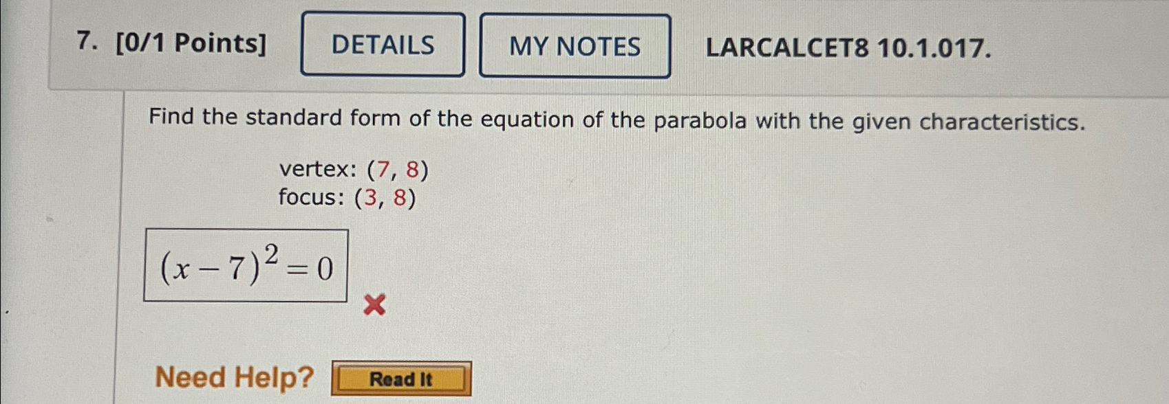 Solved [0/1 ﻿Points]LARCALCET8 10.1.017.Find the standard | Chegg.com