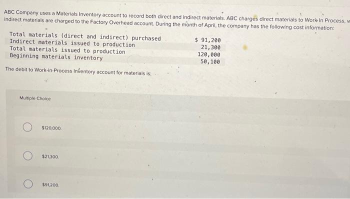 Solved ABC Company uses a Materials Inventory account to | Chegg.com