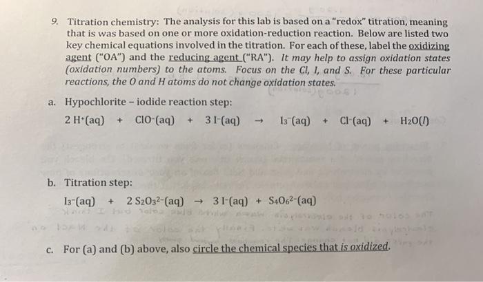 Solved 9. Titration chemistry: The analysis for this lab is | Chegg.com
