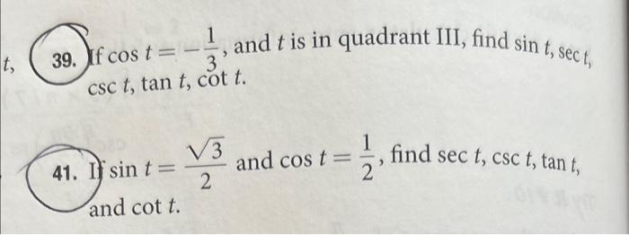 Solved 39. If cost=−31, and t is in quadrant III, find sint, | Chegg.com