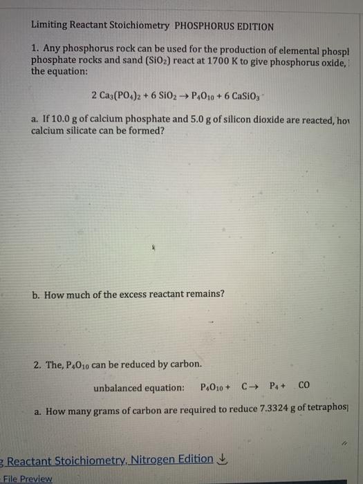 Solved Limiting Reactant Stoichiometry PHOSPHORUS EDITION 1. | Chegg.com