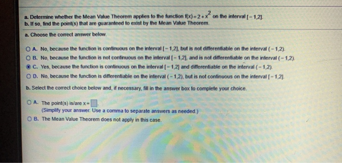 Solved a. Determine whether the Mean Value Theorem applies | Chegg.com