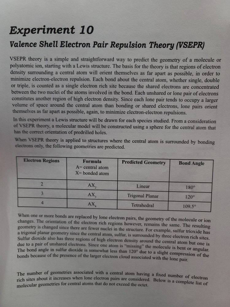 Solved Experiment 10 Valence Shell Electron Pair Repulsion | Chegg.com