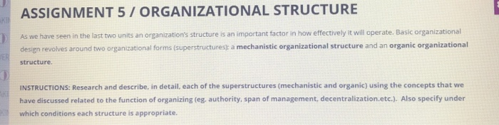 Solved ASSIGNMENT 5 / ORGANIZATIONAL STRUCTURE As we have | Chegg.com
